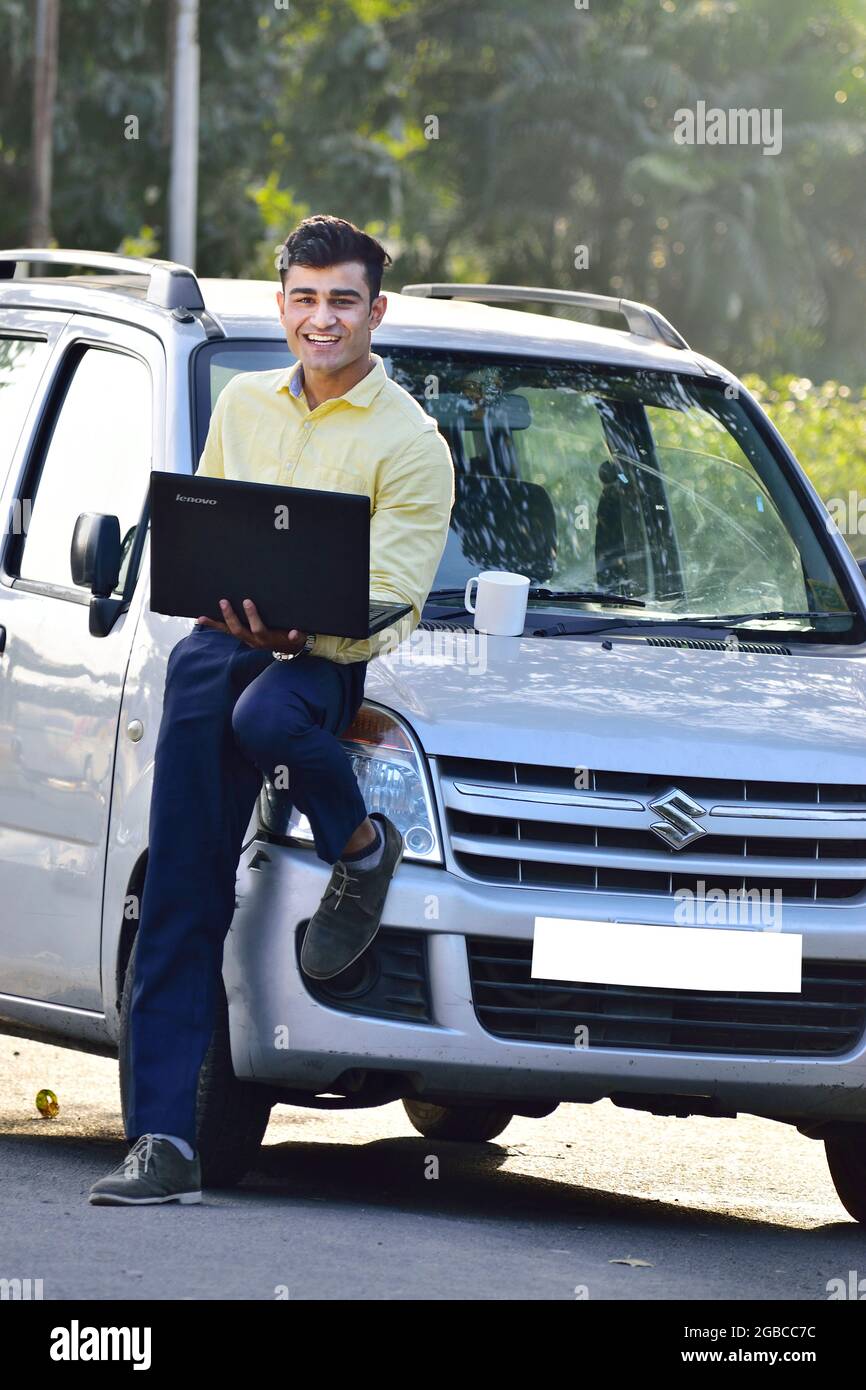 Indian Man Working on Laptop Outdoor, Happy Indian Business Man Stock ...