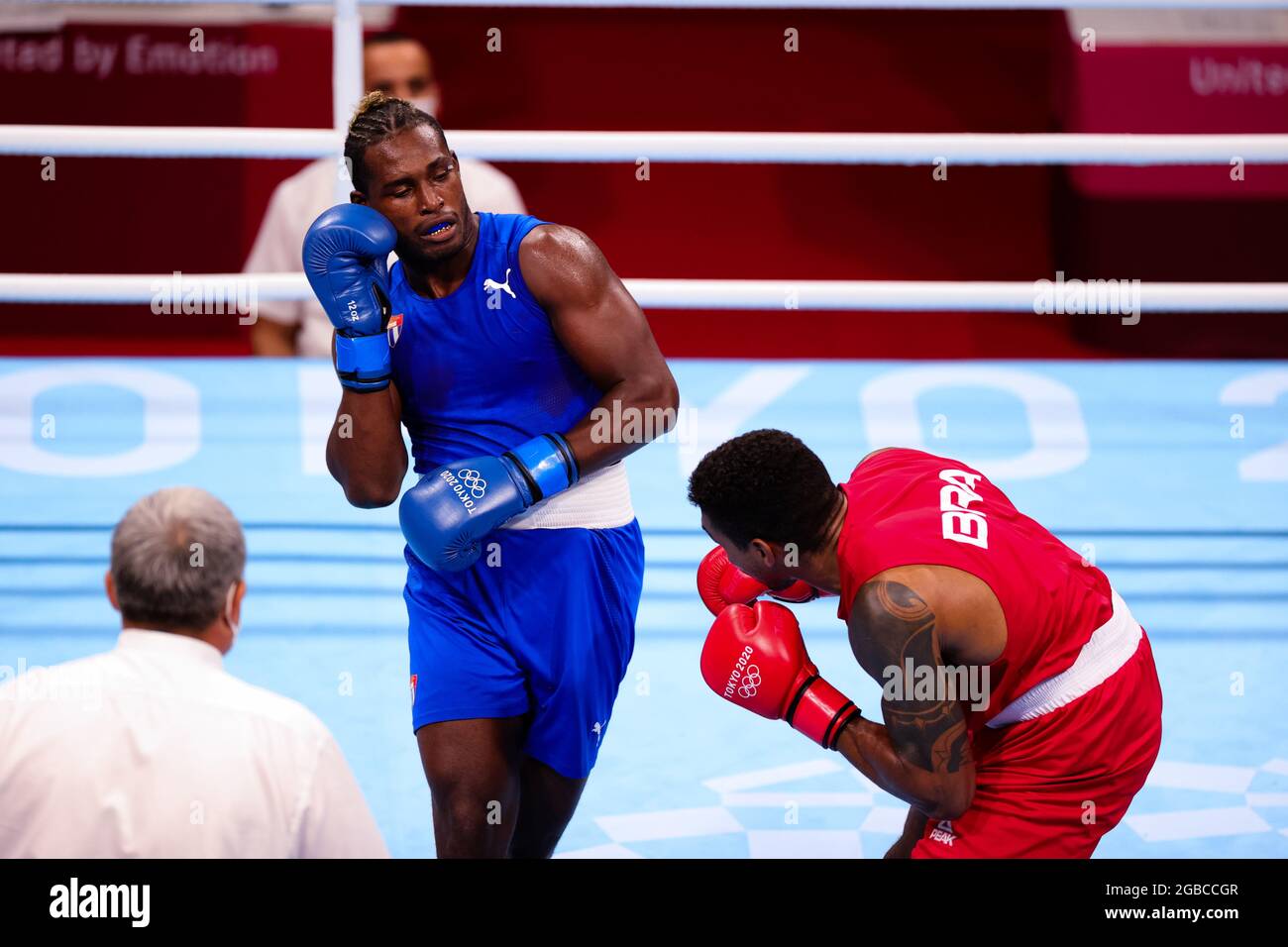 Tokyo, Japan, 3 August, 2021. Abner Teixeira of Team Brazil and Julio La Cruz of Team Cuba in ...