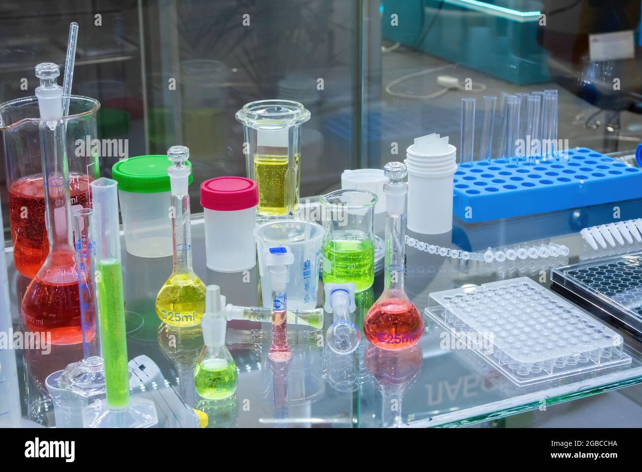 Samples of laboratory glassware on the Exhibition of lab equipment ...