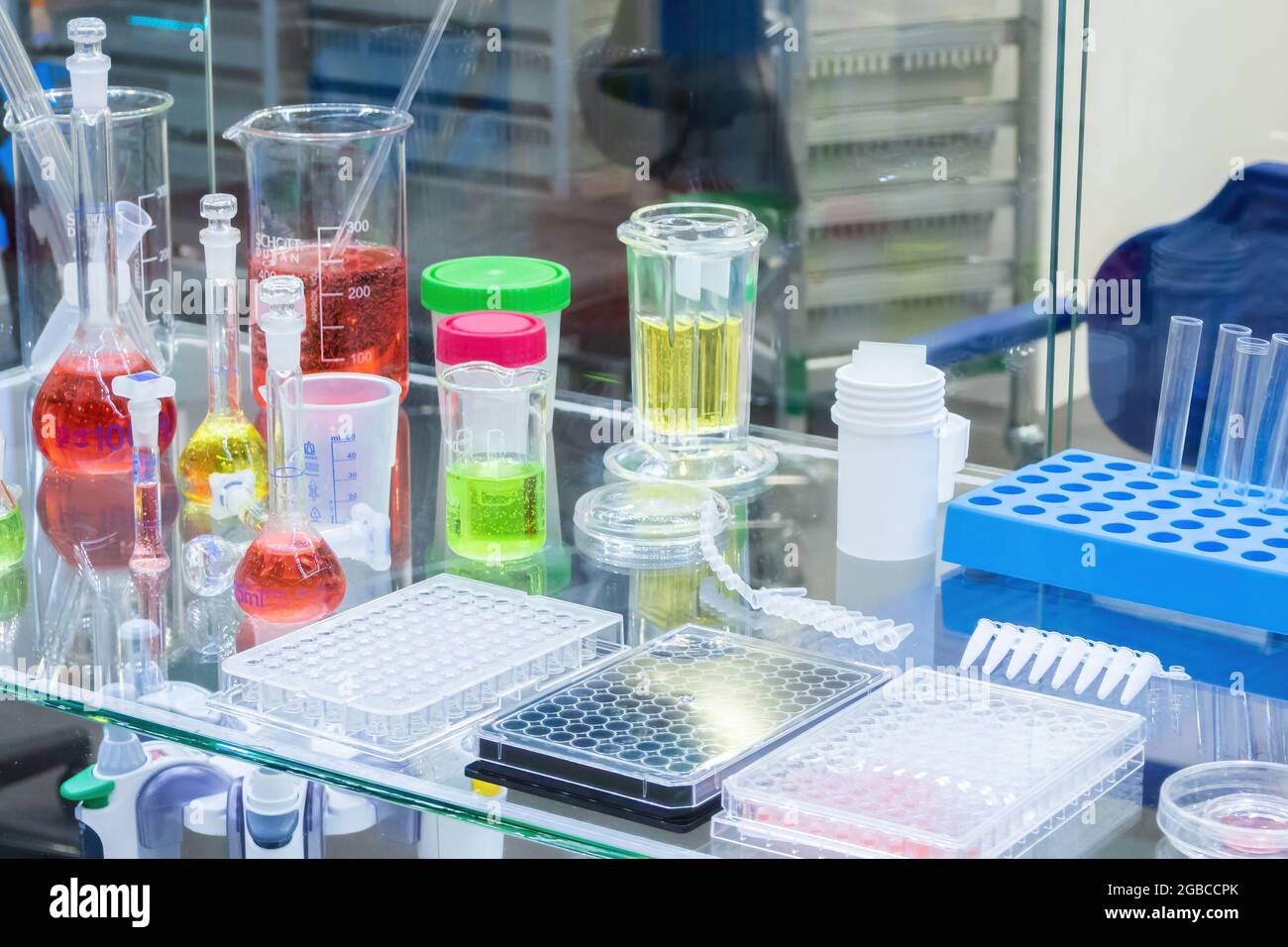 Samples of laboratory glassware on the Exhibition of lab equipment ...