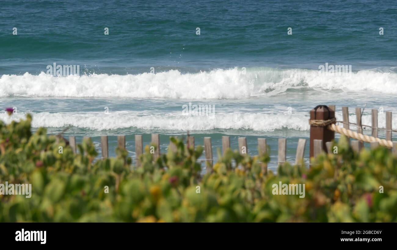 Blue turquoise water surf, big tide waves on sunny summer beach ...