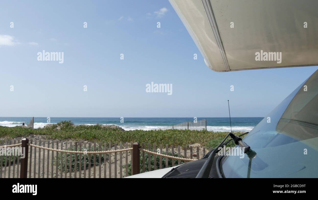 Motorhome trailer, caravan for road trip. Waterfront Encinitas, waves ...