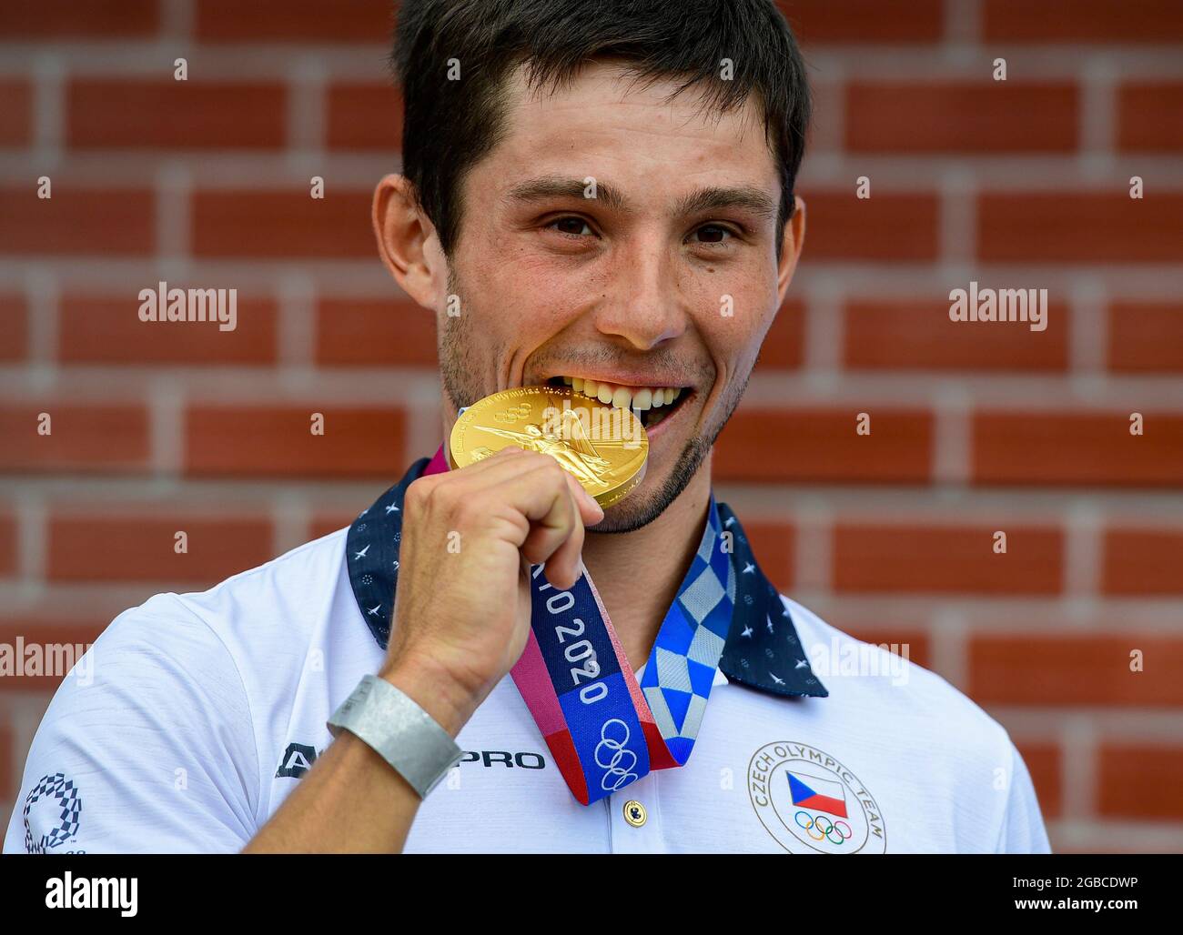 Czech slalom canoeist and Olympic gold medalist Jiri Prskavec shows his ...