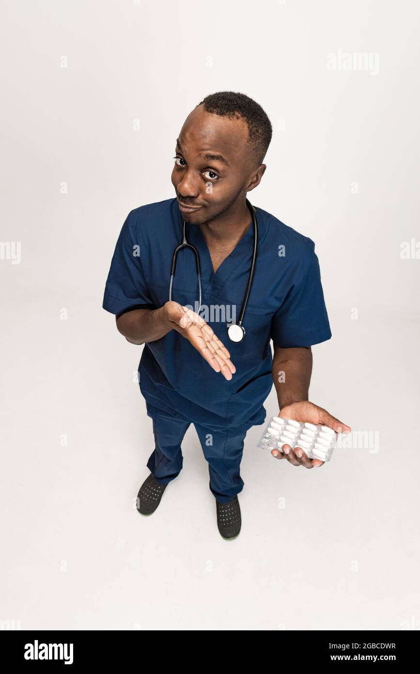 High angle view of african young doctor, therapeutic or medical advisor ...