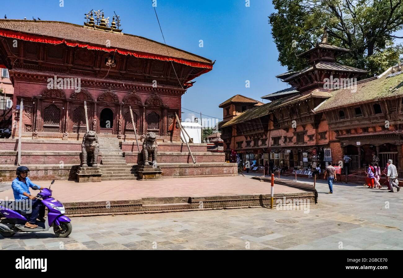 Nava Jogini temple in Maru Tol square, Kathmandu, with timber shoring ...