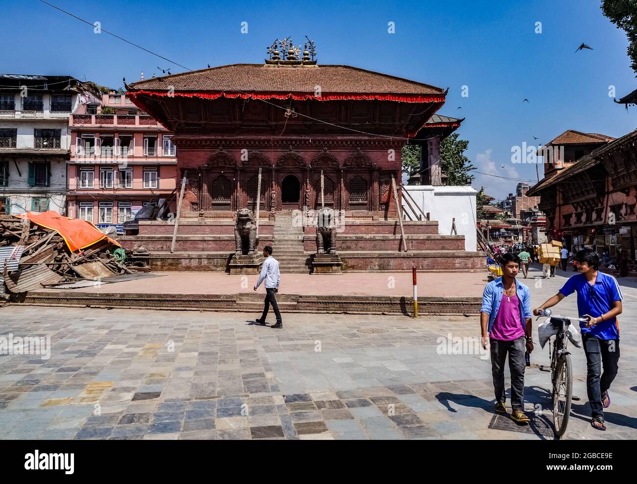 Nava Jogini temple in Maru Tol square, Kathmandu, with timber shoring ...