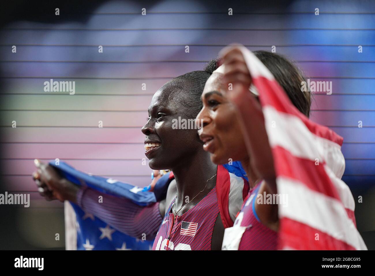 Tokyo, Japan. 3rd Aug, 2021. Athing Mu (L) and Raevyn Rogers of the ...
