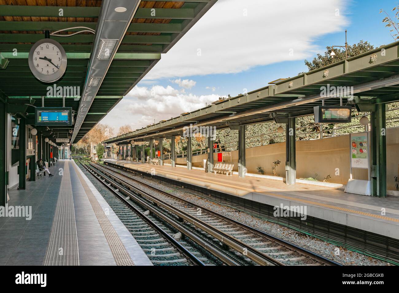 ATHENS, GREECE, JANAURY - 2020 - Exterior scene at train metro line ...
