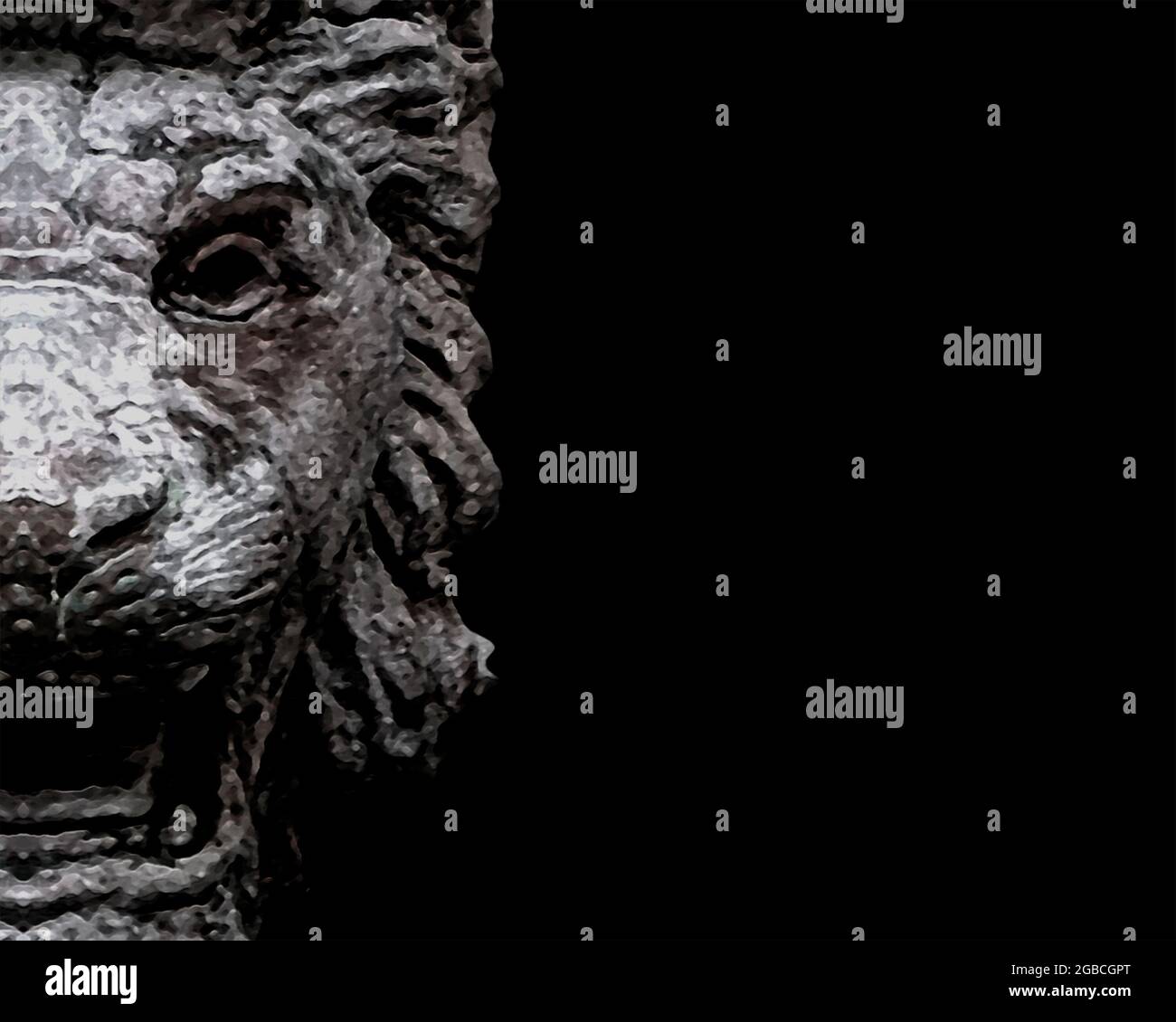 Front view creepy lion head sculpture isolated photo over black ...