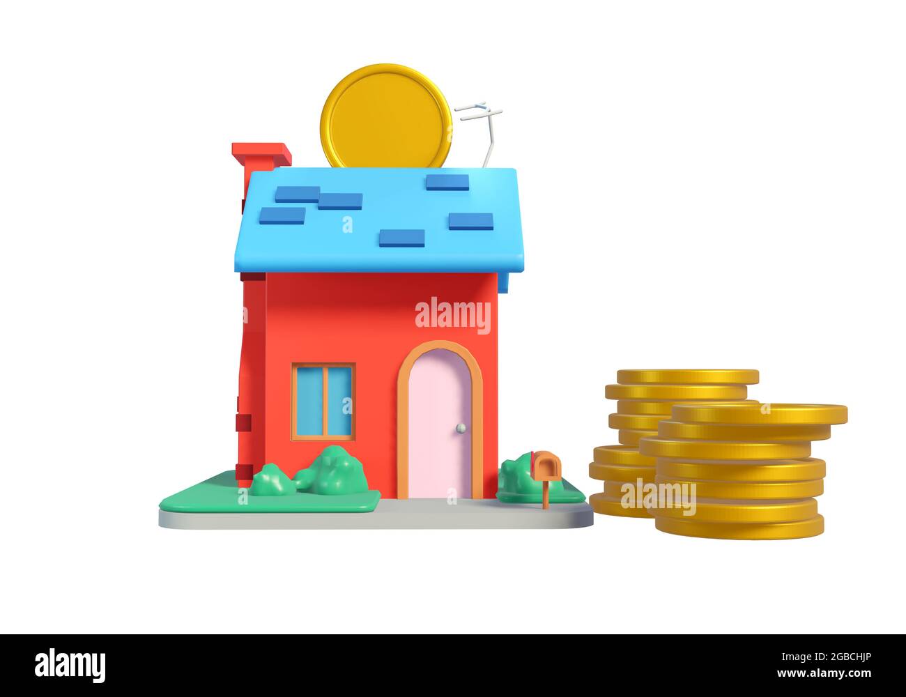 An 3D illustration of a cute cartoon house money box with gold coins on ...