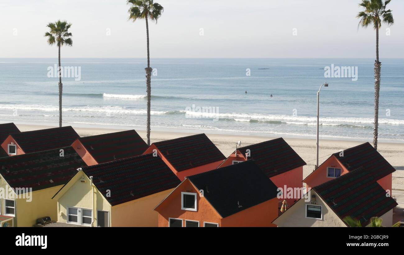 Colorful waterfront cottages in Oceanside, California USA. Multicolor ...