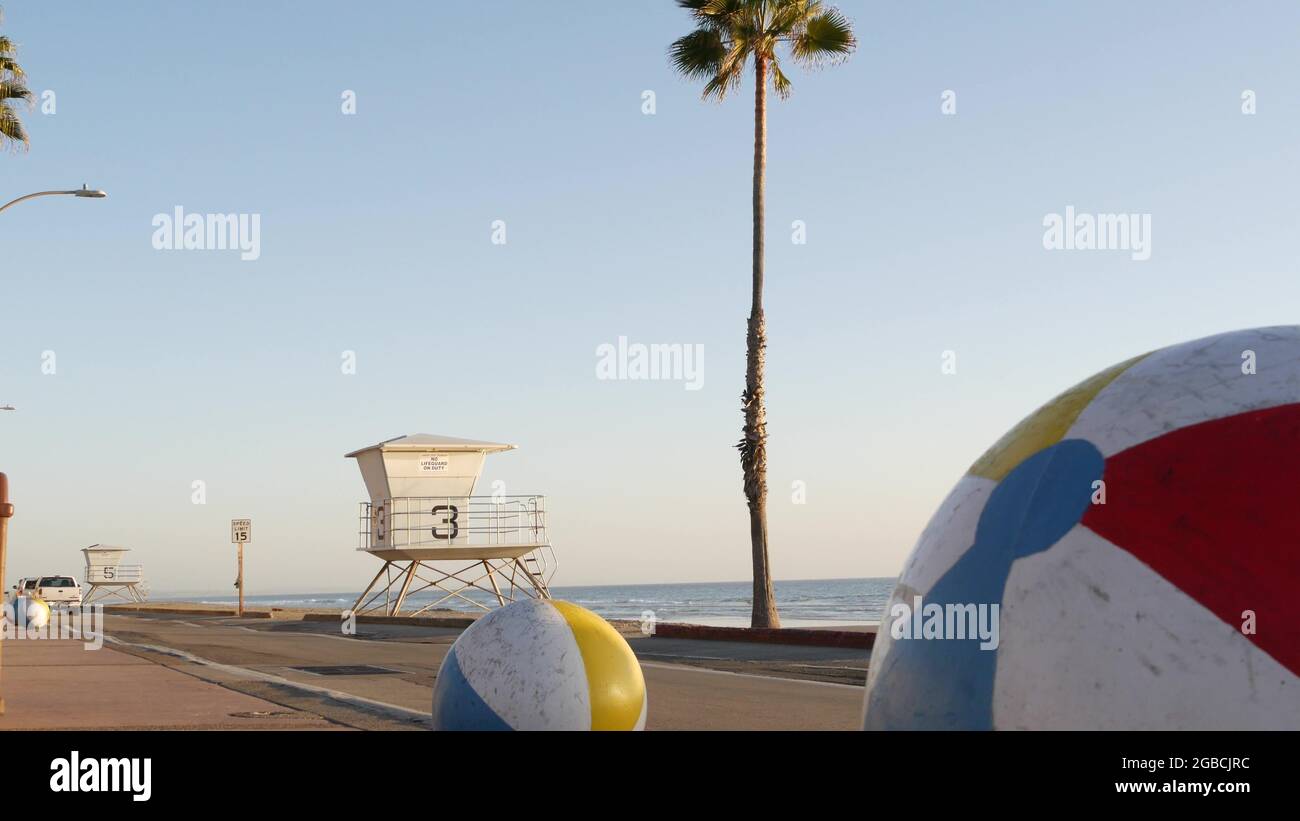 Pacific ocean beach, Oceanside California USA. Ball, lifeguard tower ...
