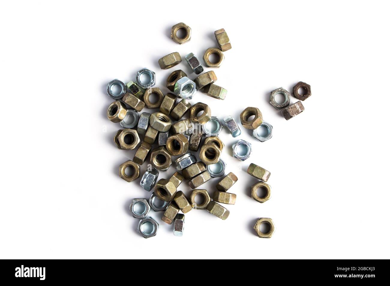 New metal nuts isolated on white background. Tools for construction and ...