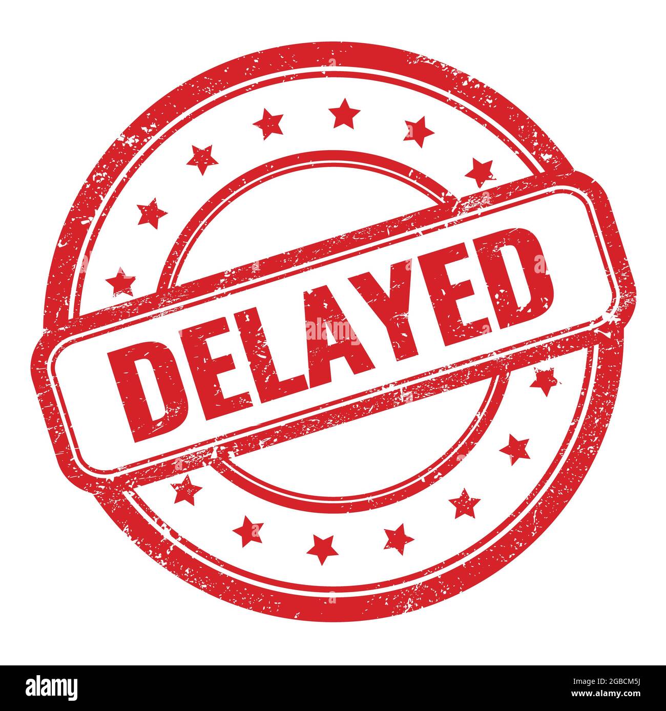 DELAYED text on red grungy vintage round rubber stamp Stock Photo - Alamy