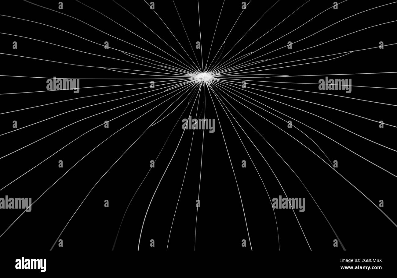 Cracked line on broken glass isolated on black background. The texture ...