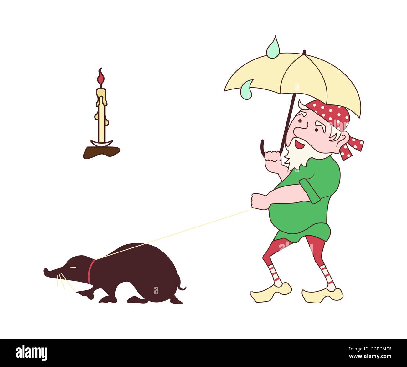 Funny cute mythological gnome walking his pet mole isolated on white ...