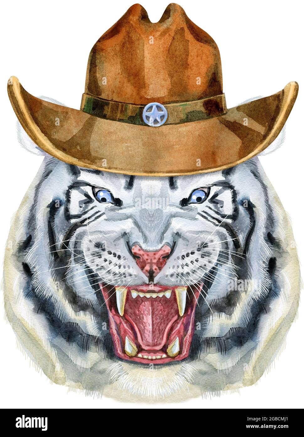 White aggressive tiger in cowboy hat with open mouth and huge fangs ...