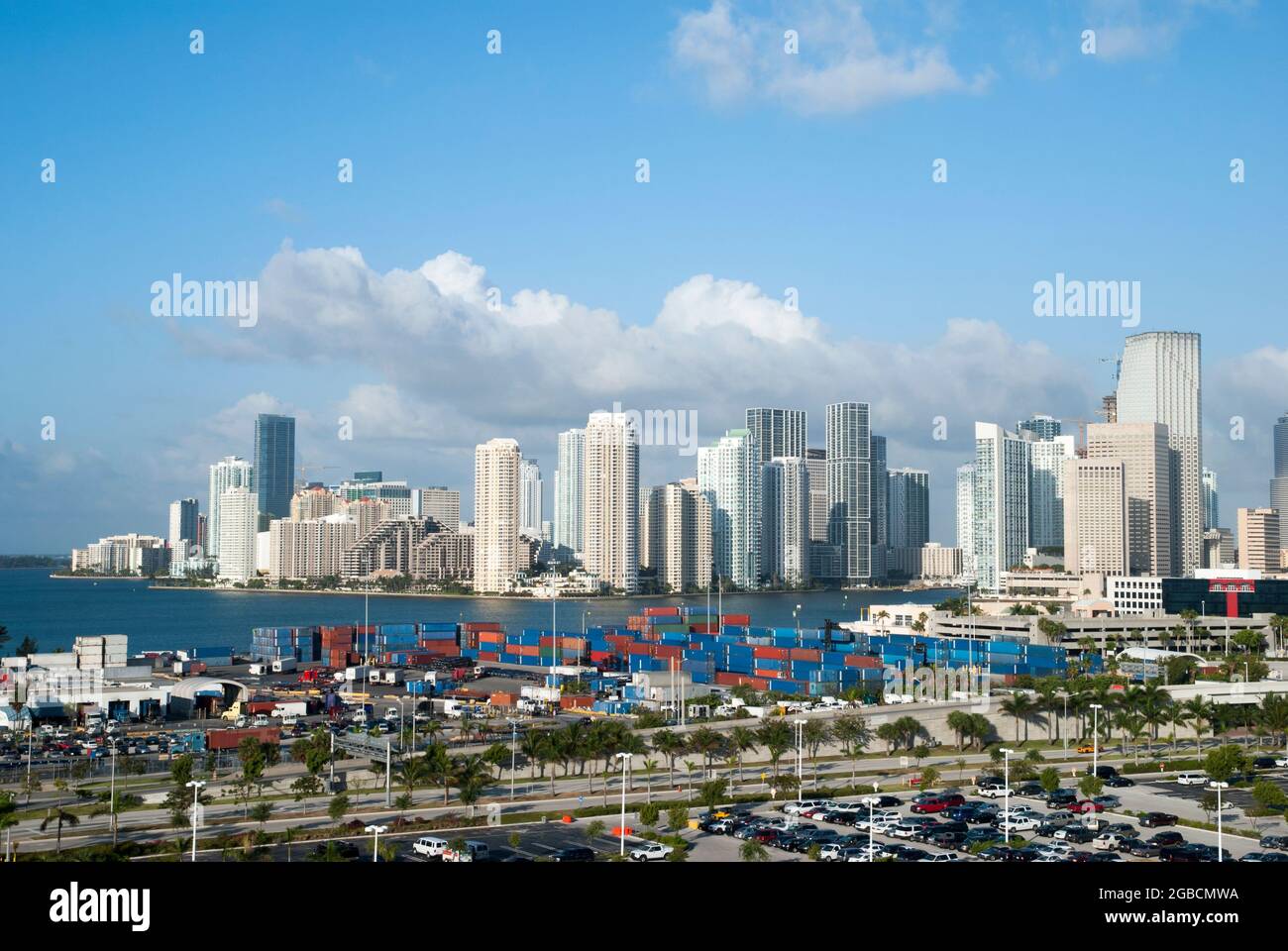 The morning view of Miami port and the downtown skyline in a background ...