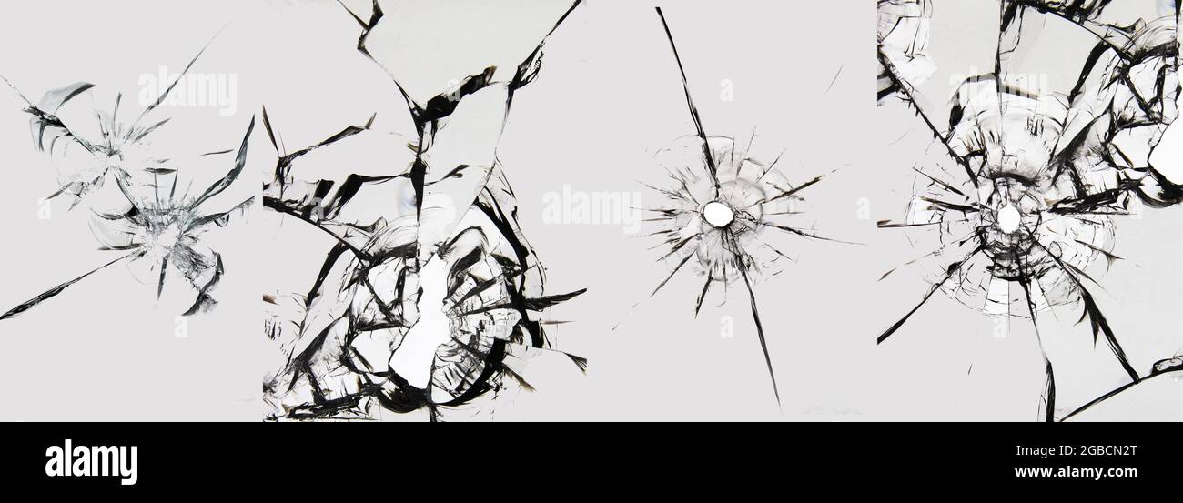 Set of cracks on broken glass, bullets from a bullet shot. Collage of 4 ...