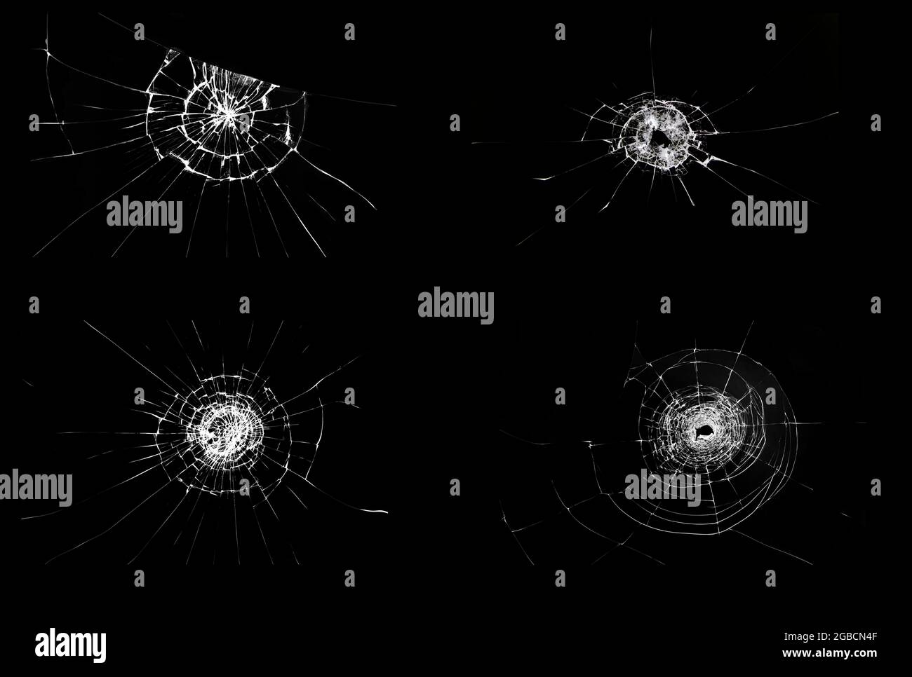 Collage of cracked and broken glass, chips, cracks and openings from ...