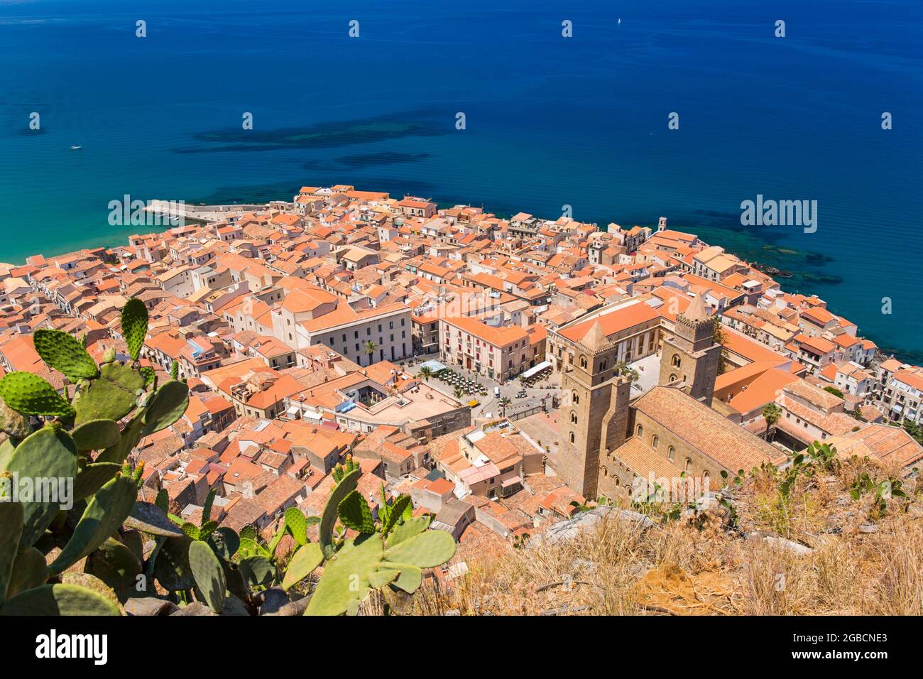 Cefalù, Palermo, Sicily, Italy. View over the colourful tiled rooftops ...