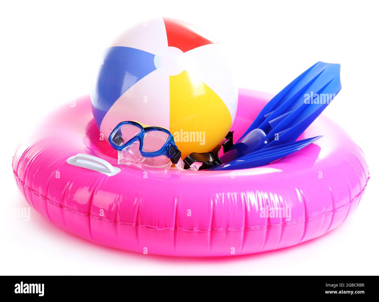 life ring, inflatable ball, flippers and mask isolated on white Stock ...