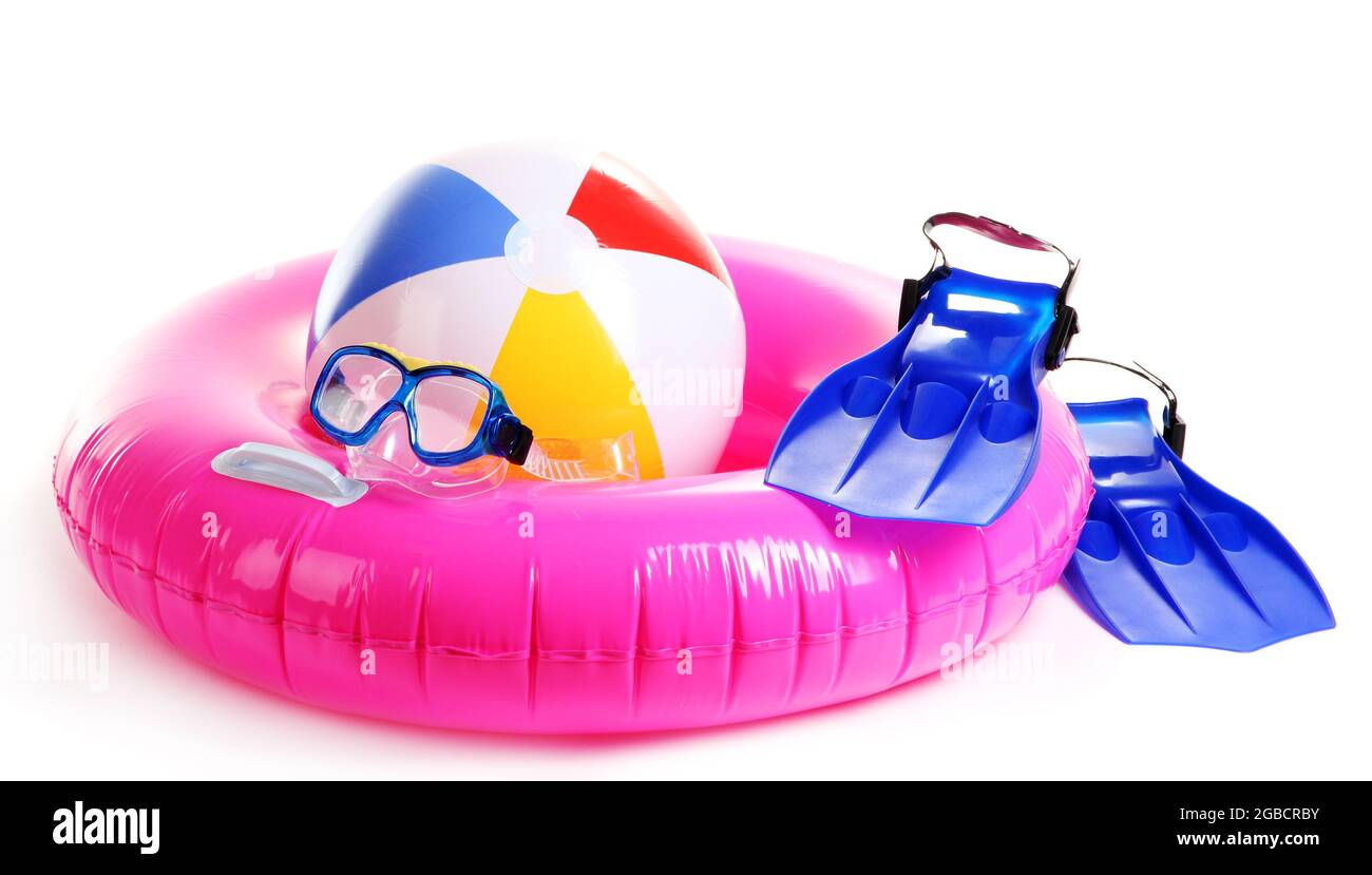 life ring, inflatable ball, flippers and mask isolated on white Stock ...