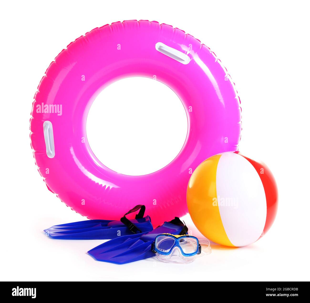 life ring, inflatable ball, flippers and mask isolated on white Stock ...