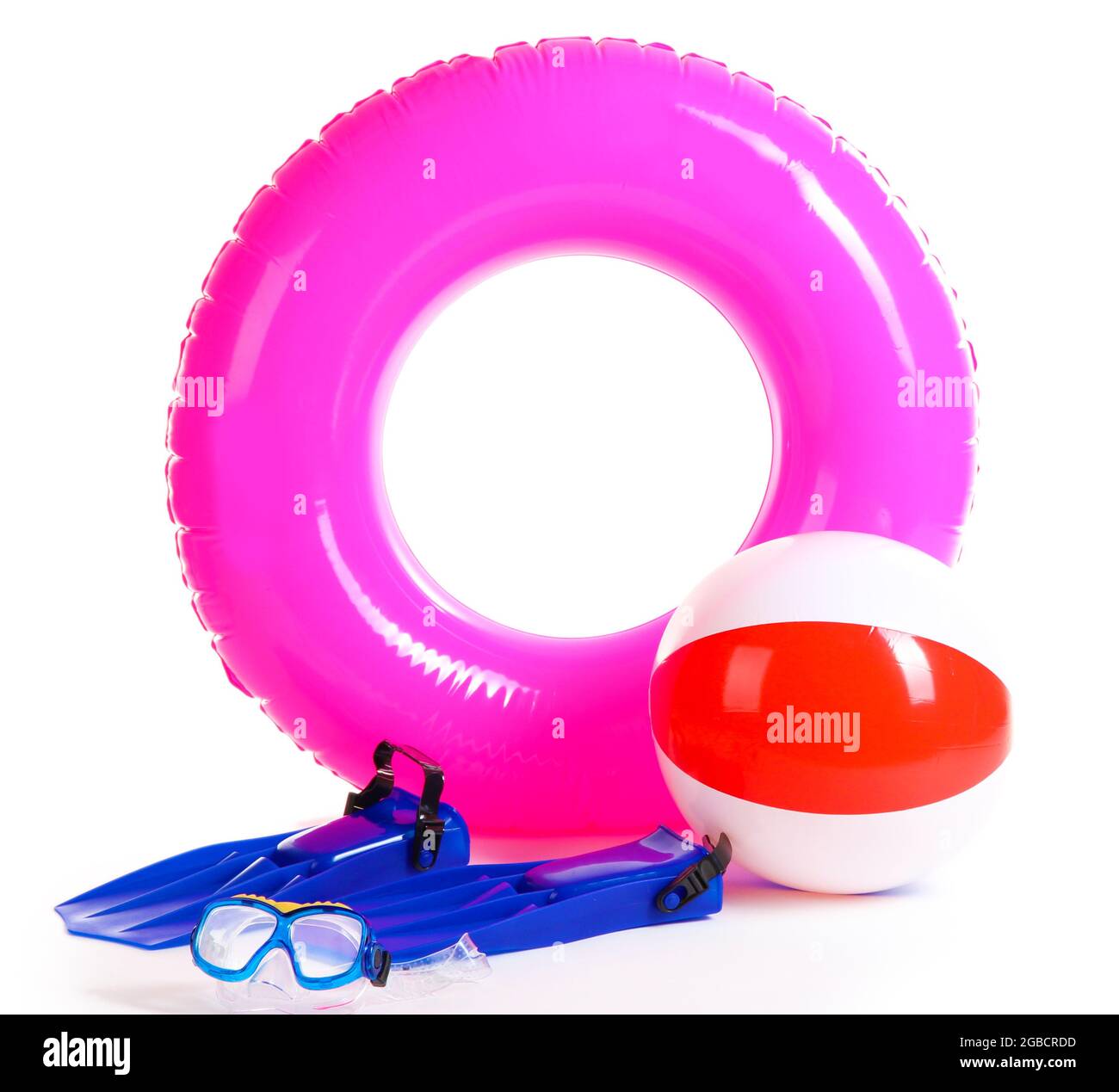 life ring, inflatable ball, flippers and mask isolated on white Stock ...