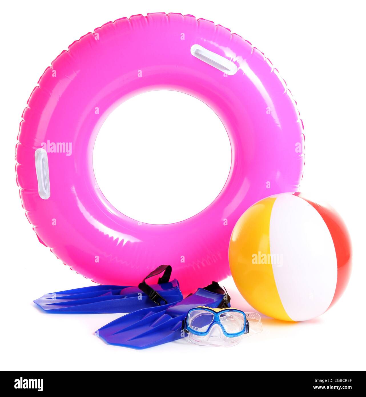life ring, inflatable ball, flippers and mask isolated on white Stock ...