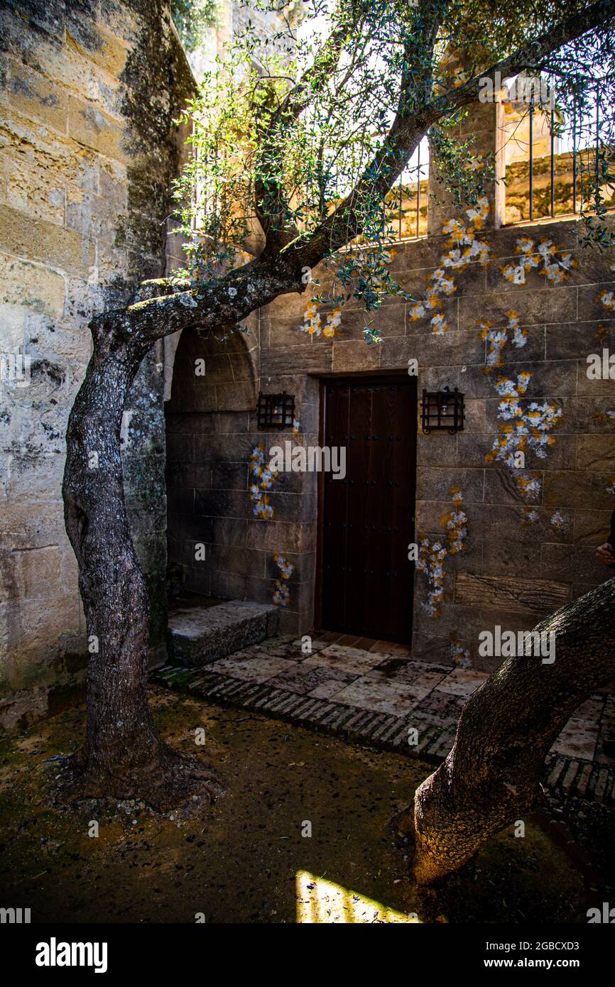 Passageway between castle walls and towers, with arch and doors ...