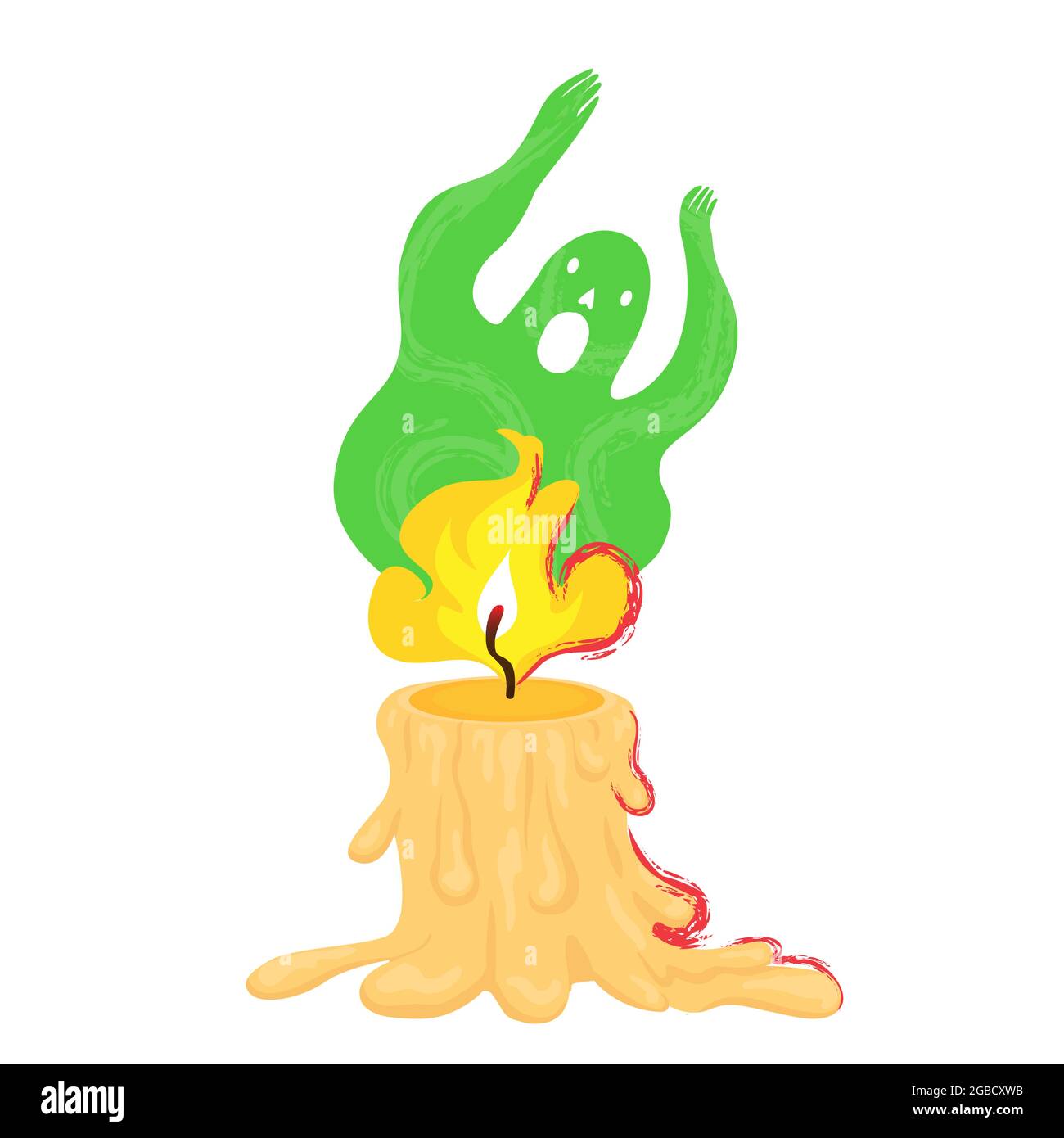 Halloween candle with green ghost in cartoon flat style. Night ...