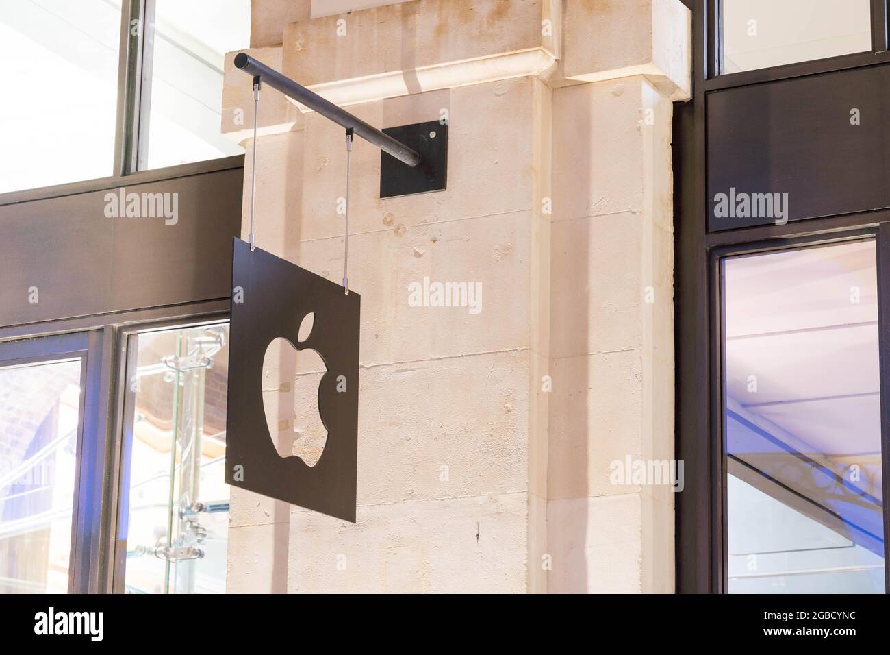 Apple store logo hanging outside entrance to flagship store in central ...