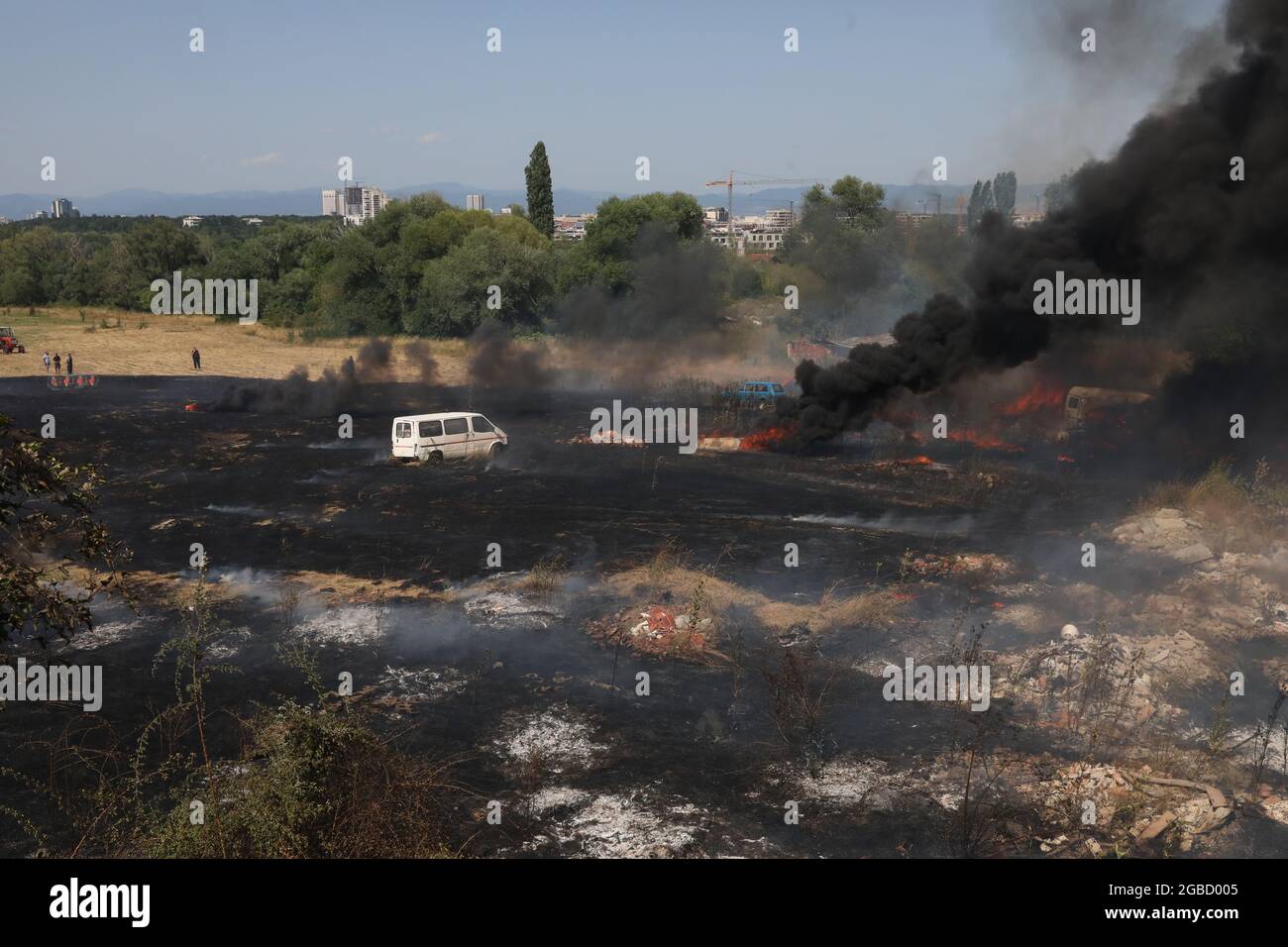 Sofia, Bulgaria - August 3, 2021: A team of firefighters extinguished a ...