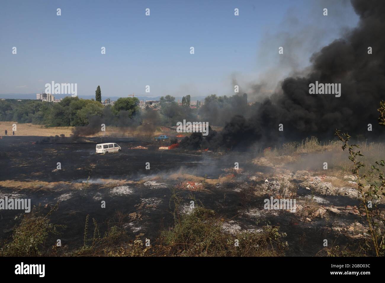 Sofia, Bulgaria - August 3, 2021: A team of firefighters extinguished a ...