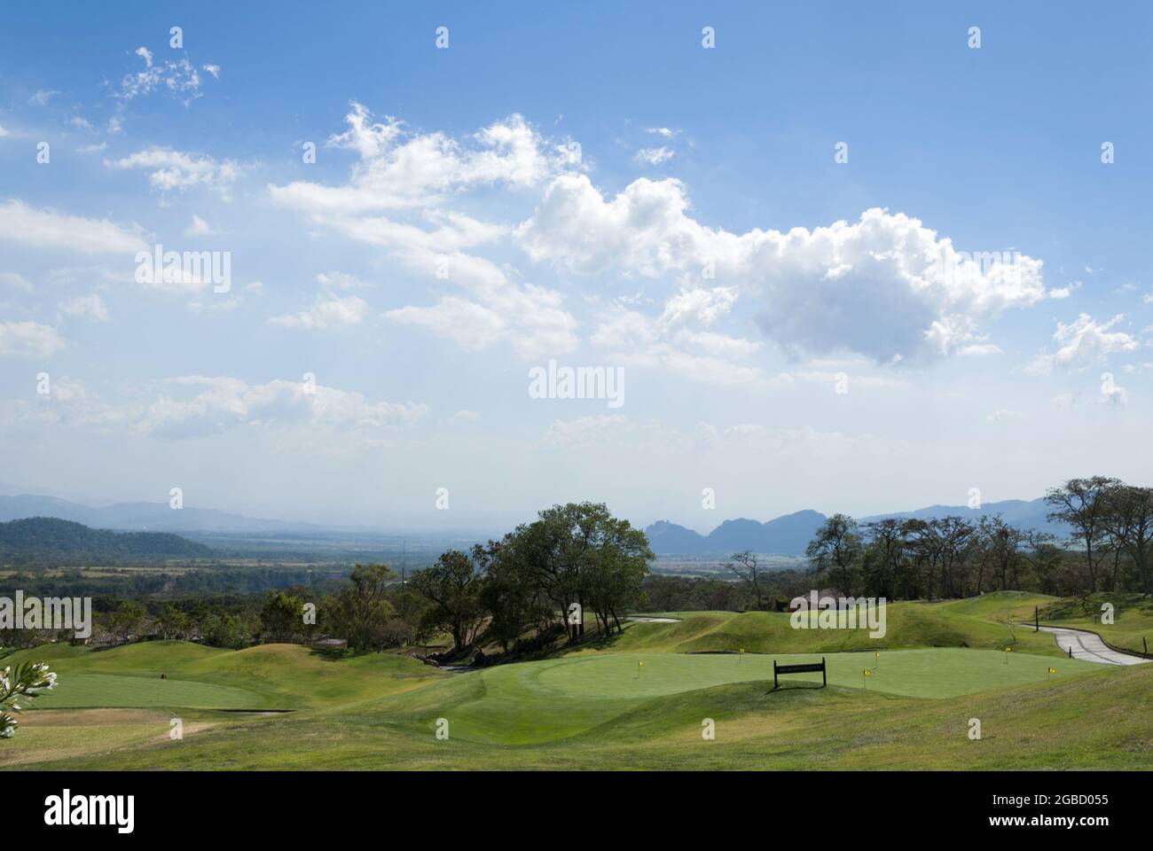 Beautiful golf course illuminated with sunlight Stock Photo - Alamy