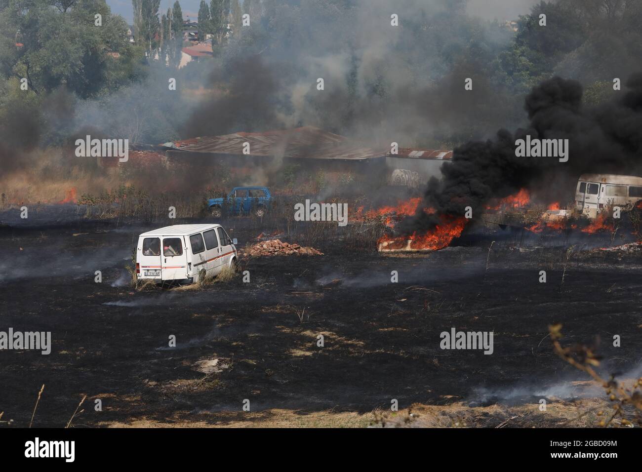Sofia, Bulgaria - August 3, 2021: A team of firefighters extinguished a ...