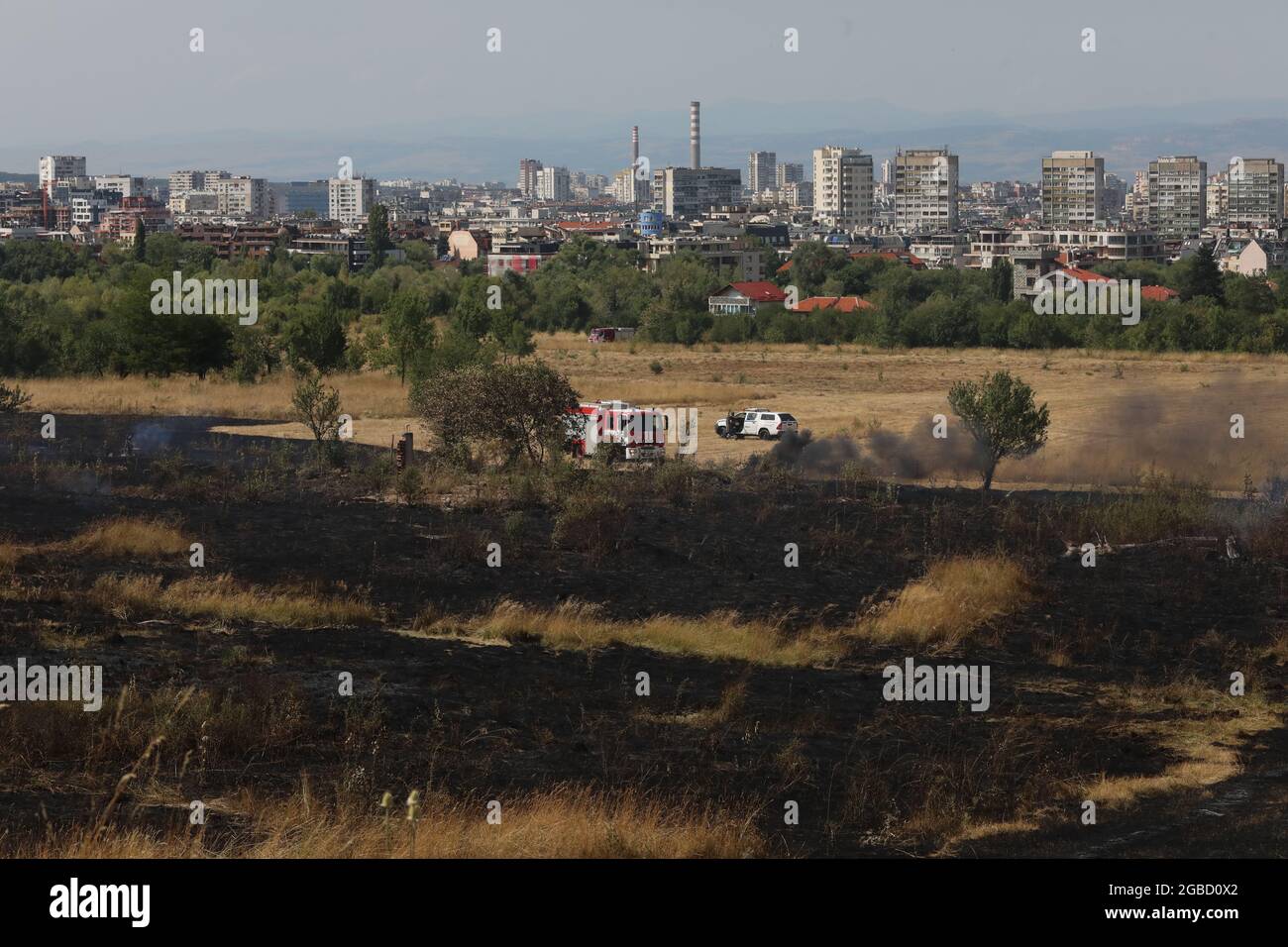 Sofia, Bulgaria - August 3, 2021: A team of firefighters extinguished a ...
