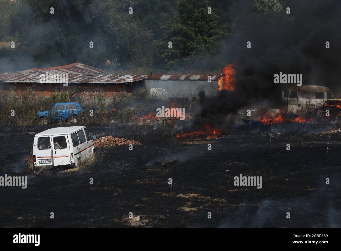 Sofia, Bulgaria - August 3, 2021: A team of firefighters extinguished a ...