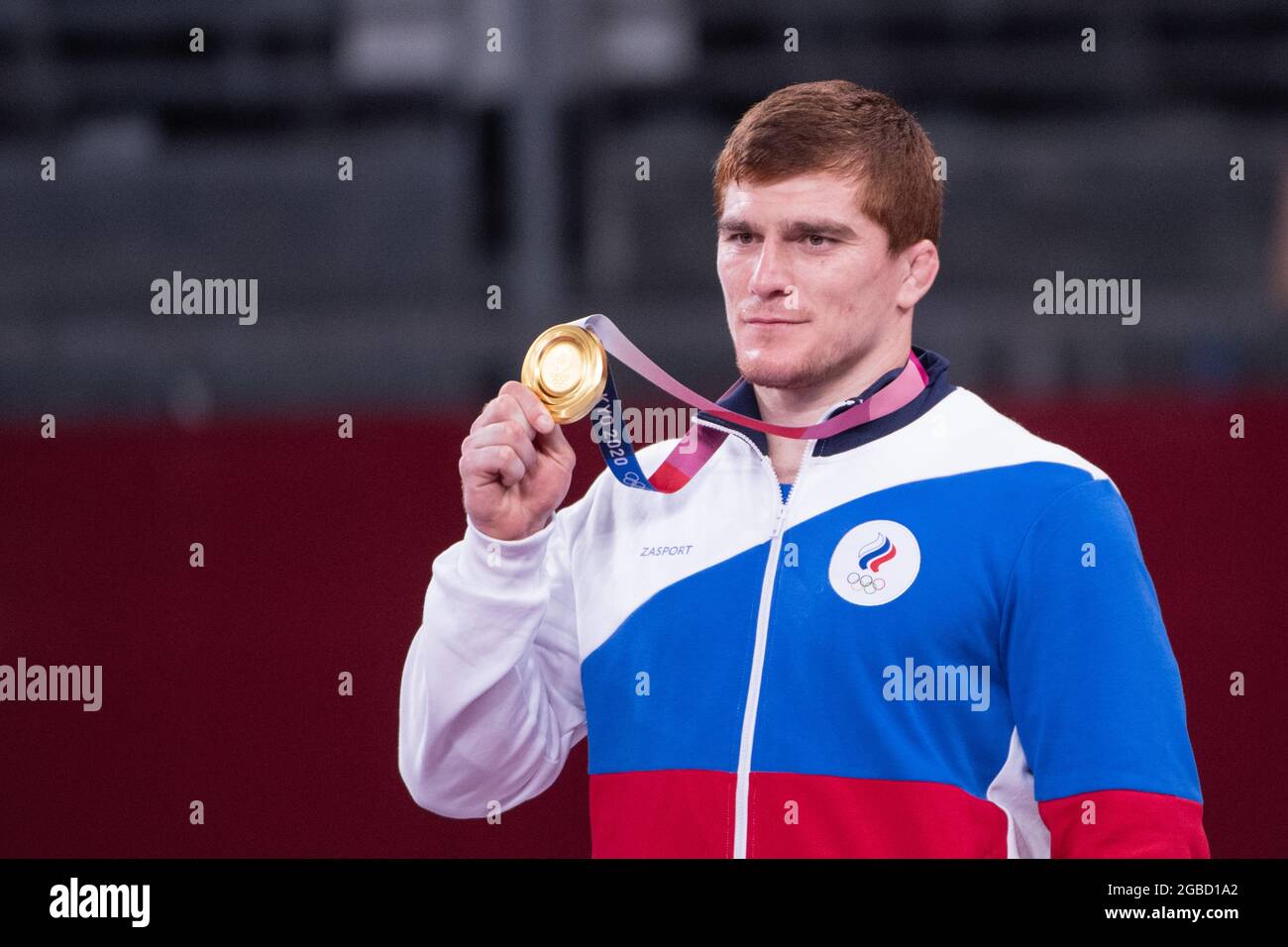 Tokyo, Japan. August 03 2021: Musa Evloev (ROC) glod medal, award ...