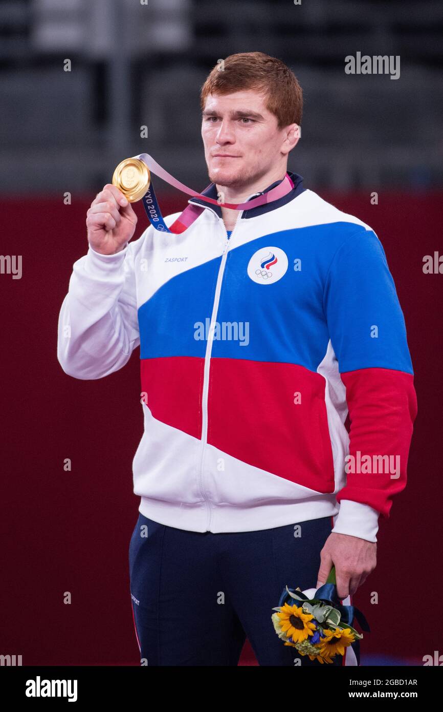 Tokyo, Japan. August 03 2021: Musa Evloev (ROC) glod medal, award ...