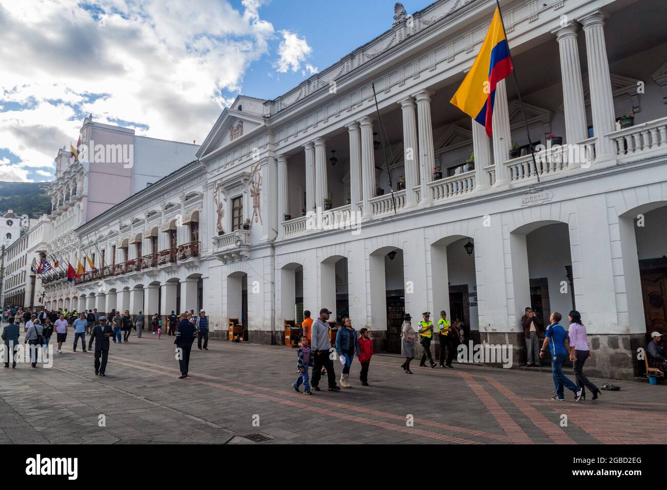 QUITO, ECUADOR - JUNE 23, 2015: Old colonial buildings on Plaza Grande ...