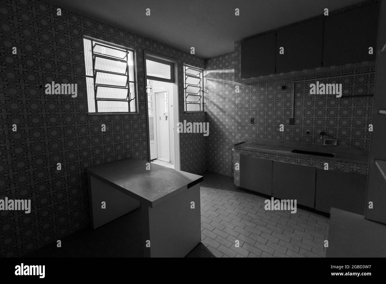 Grayscale shot of a kitchen interior Stock Photo - Alamy