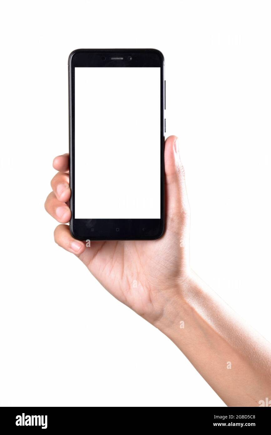 Hand Holding Blank Screen Smartphone Isolated On White Background With ...
