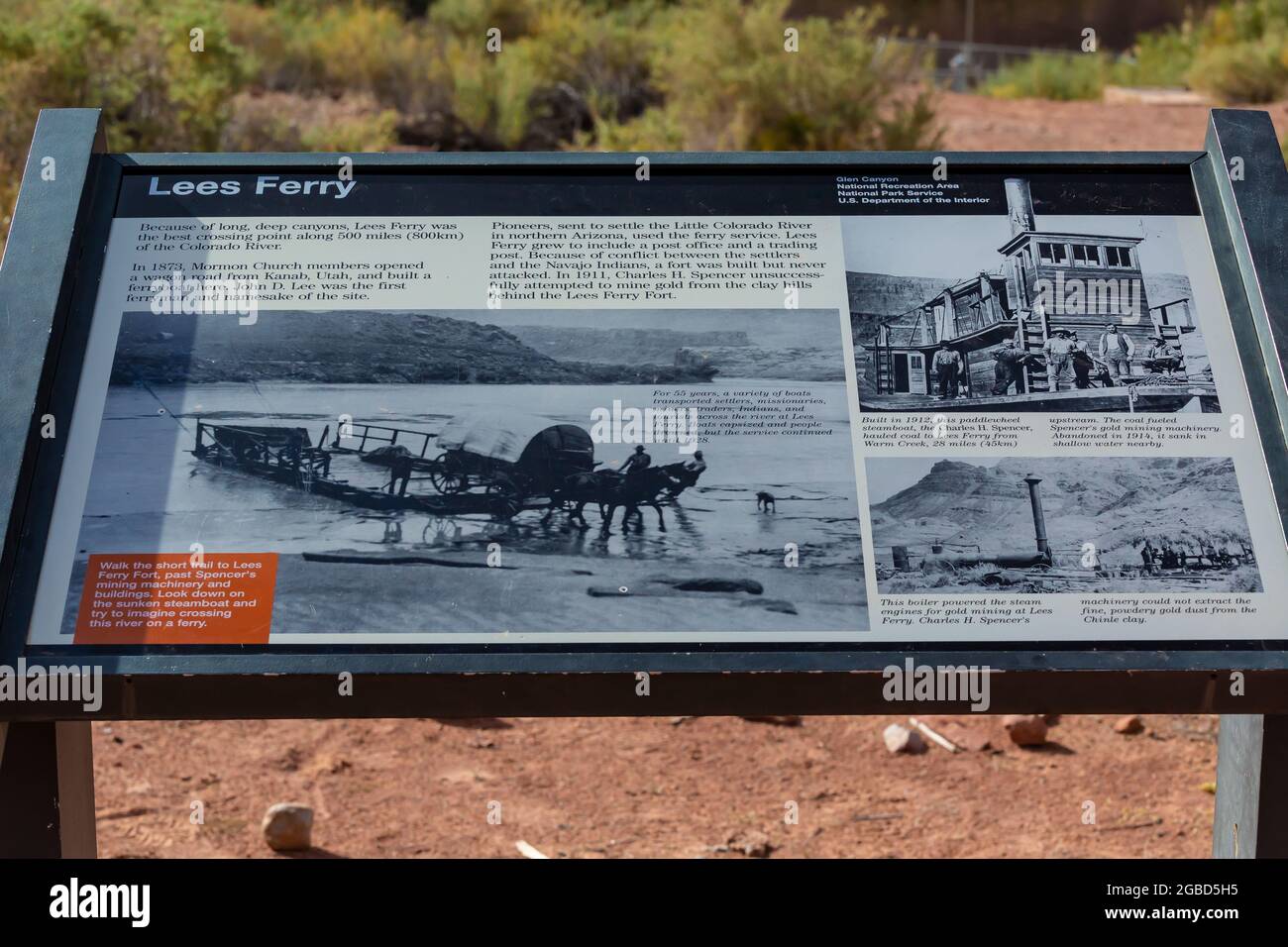 Interpretive sign relating the history of Lees Ferry, now in Glen ...