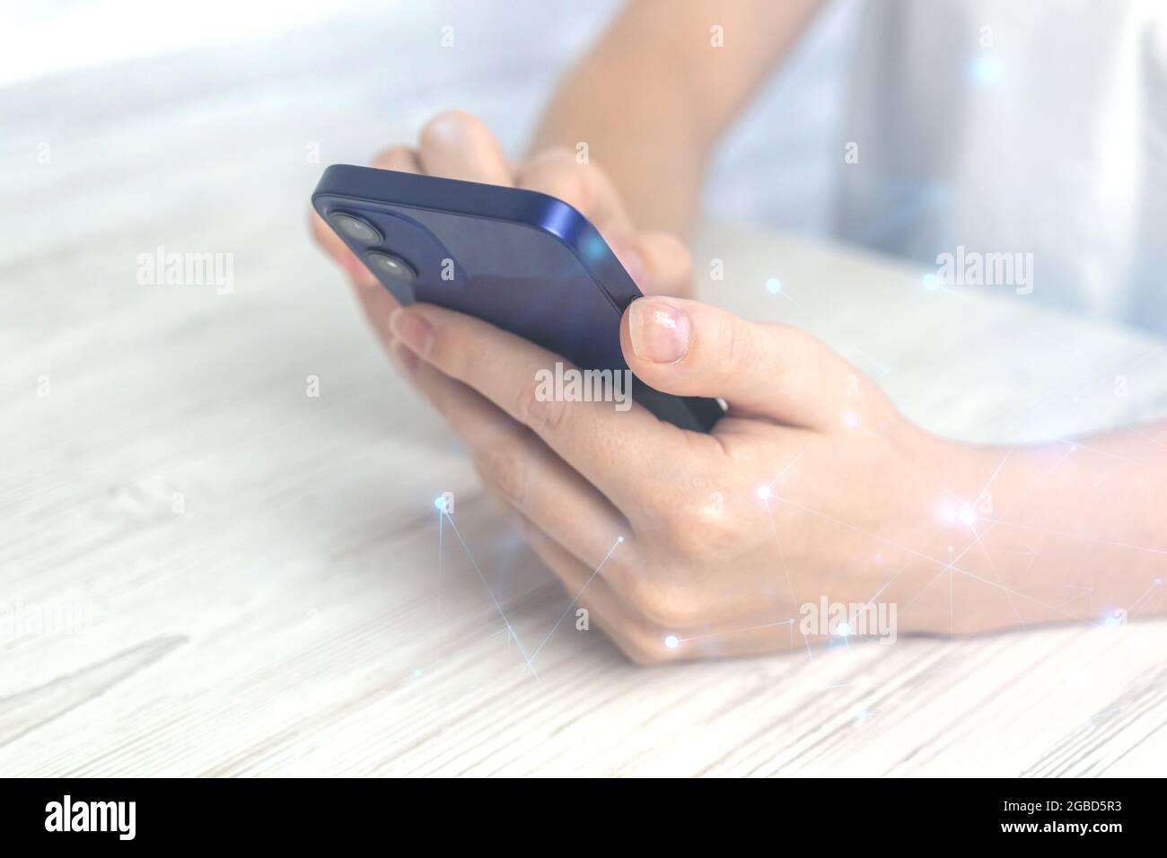 Technology networking concept, woman with mobile phone, abstract ...