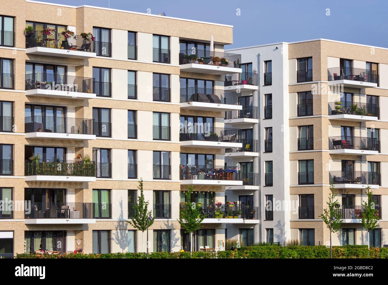 Modern apartment buildngs in a new residential district seen in Berlin ...