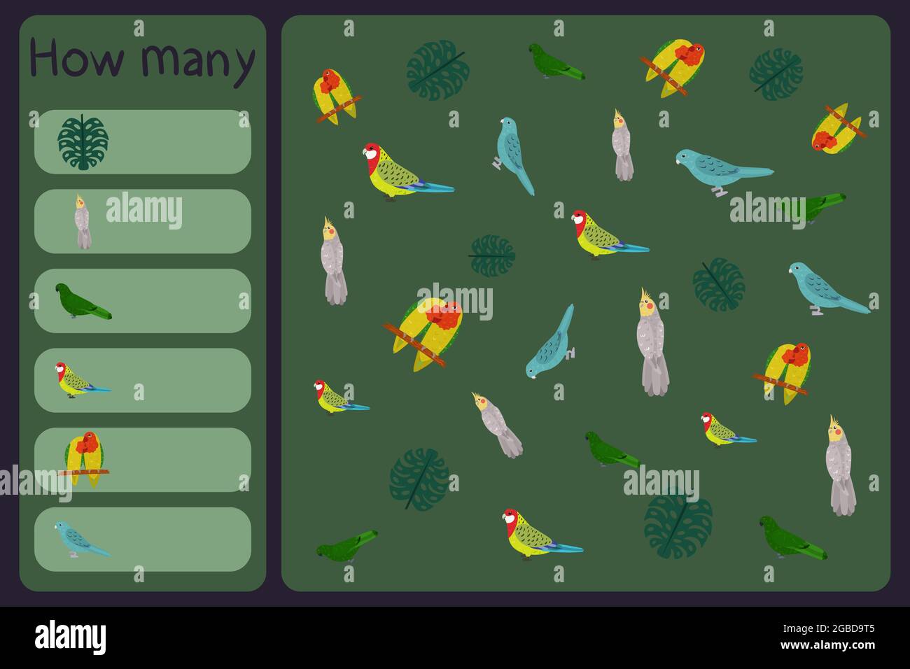 Kids mathematical mini game - count how many parrots and tropical ...