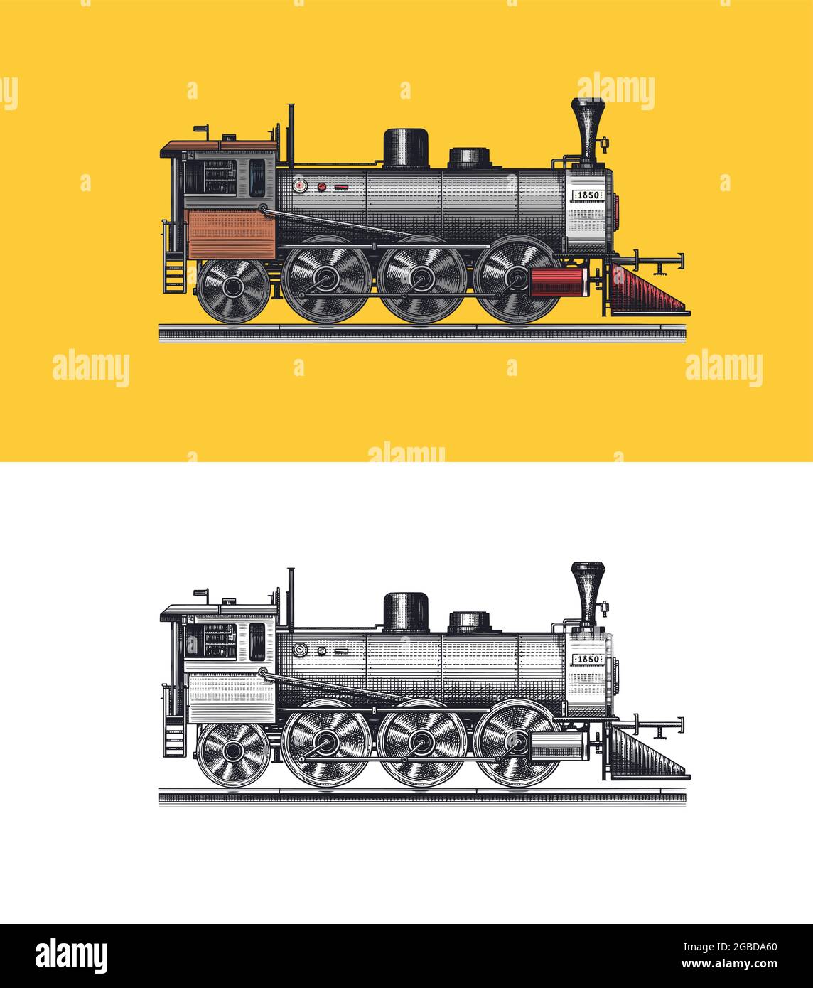 Old locomotive or train on railway. Retro transport. Engraved vintage ...
