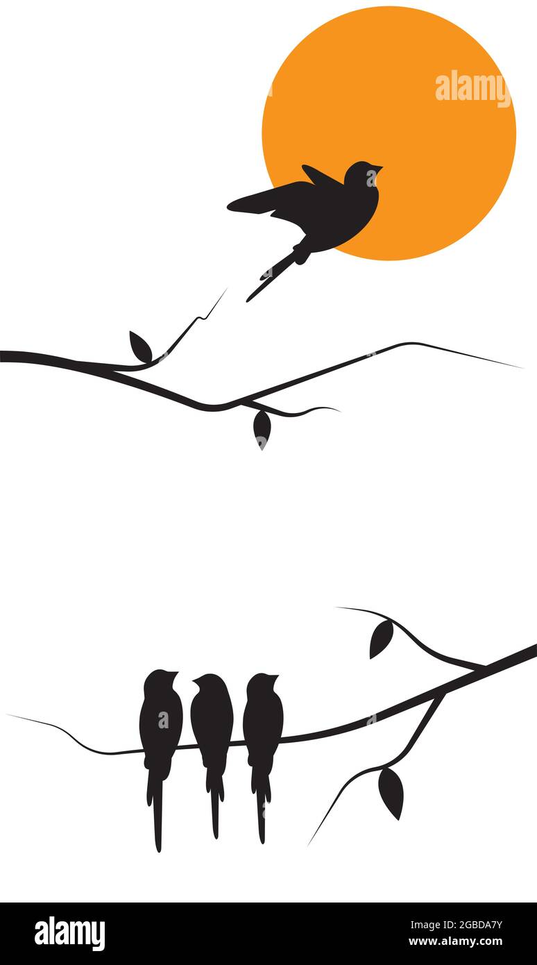Flying bird silhouettes and birds on a tree illustration and sunset ...